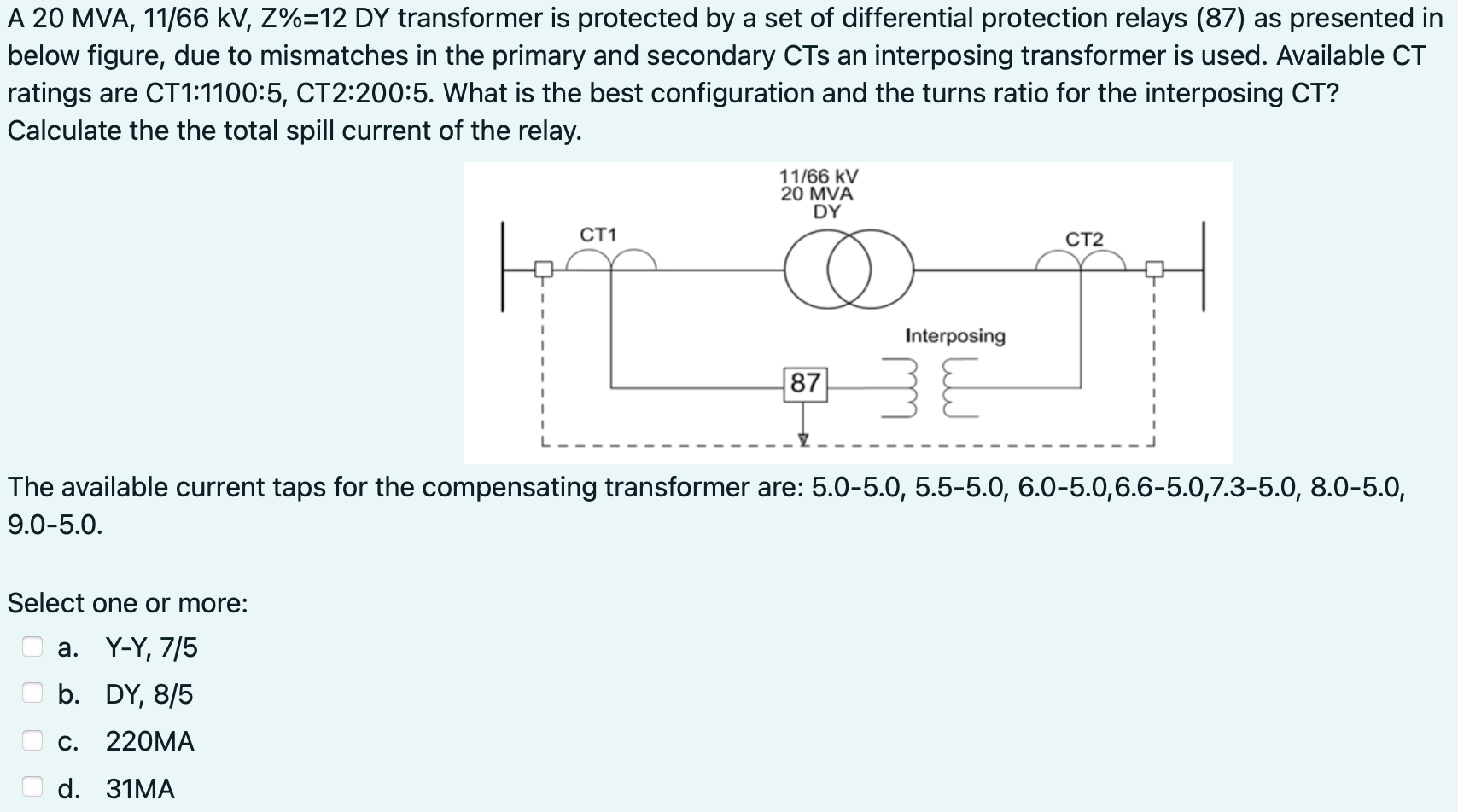 Solved A 20 MVA, 11/66 kV, Z%=12 DY transformer is protected | Chegg.com