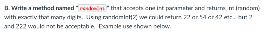 Solved B. Write a method named " randomInt" that accepts one | Chegg.com