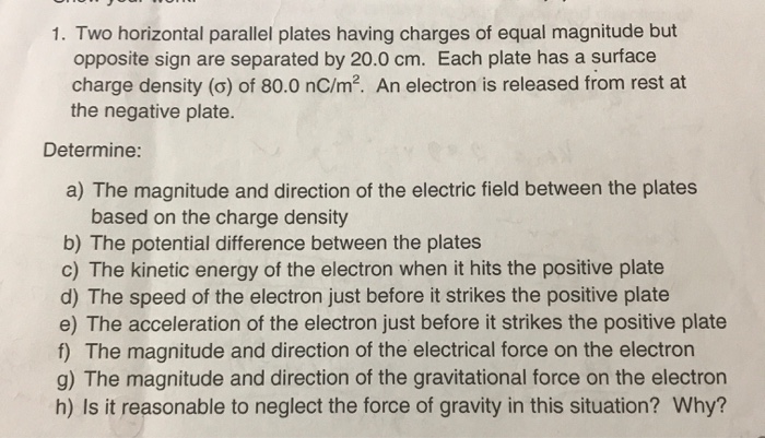 Solved 1. Two horizontal parallel plates having charges of | Chegg.com