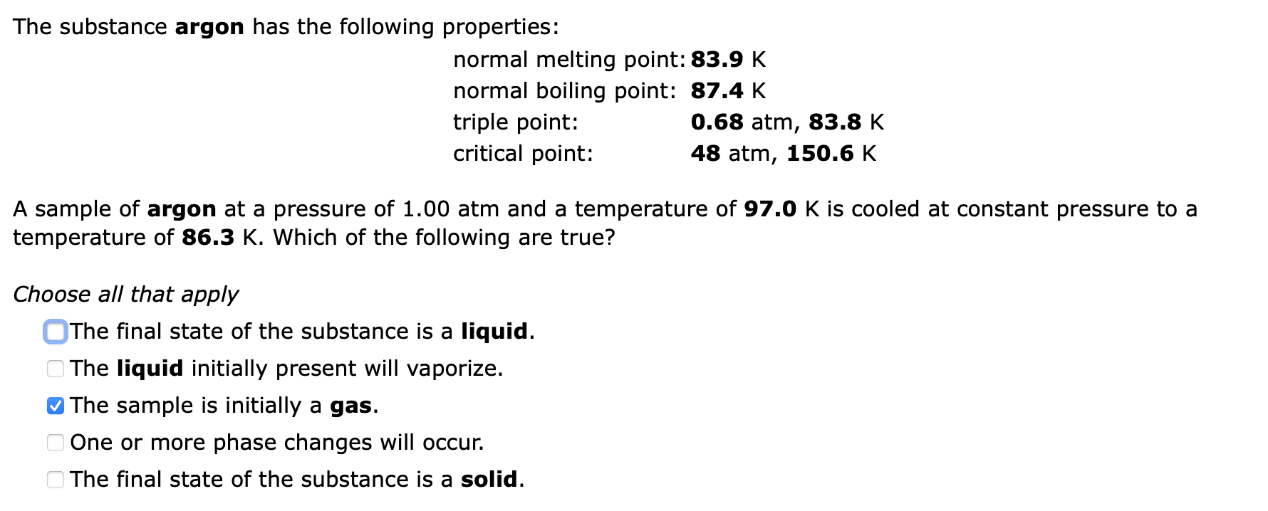 Solved The substance argon has the following properties: | Chegg.com