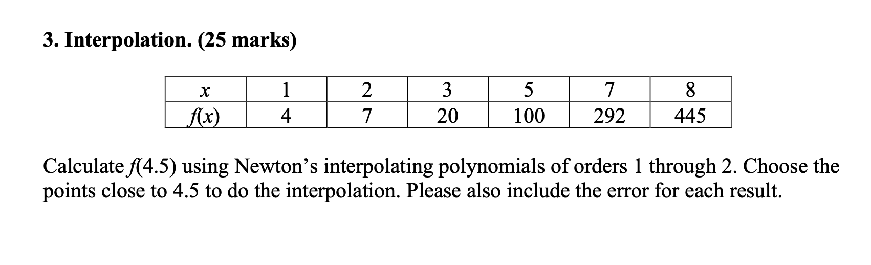 Solved 3. Interpolation. (25 marks) X 1 2 3 5 7 8 f(x) 4 7 | Chegg.com