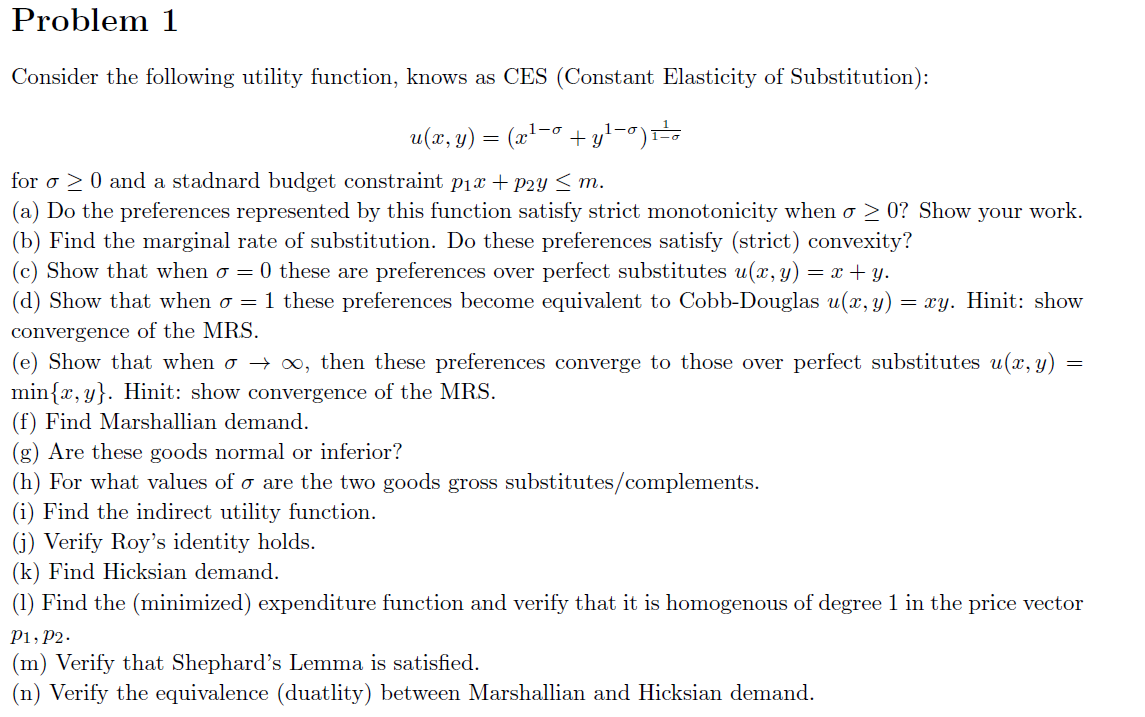 Solved Problem 1Consider the following utility function, | Chegg.com