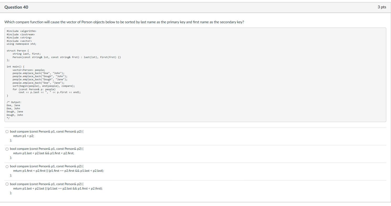 Solved bool compare (const Person\& p1, const Person\& p2) | Chegg.com