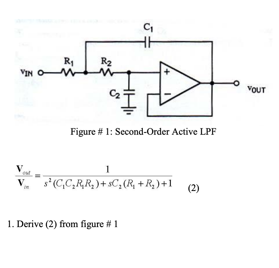 Solved C1 R1 R2 VIN VOUT Figure # 1: Second-Order Active LPF | Chegg.com