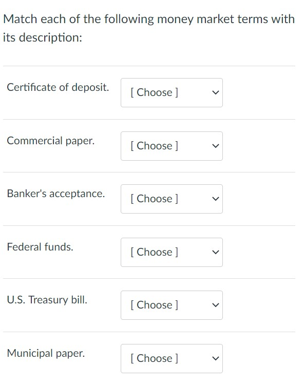 Solved Match each of the following money market terms with | Chegg.com