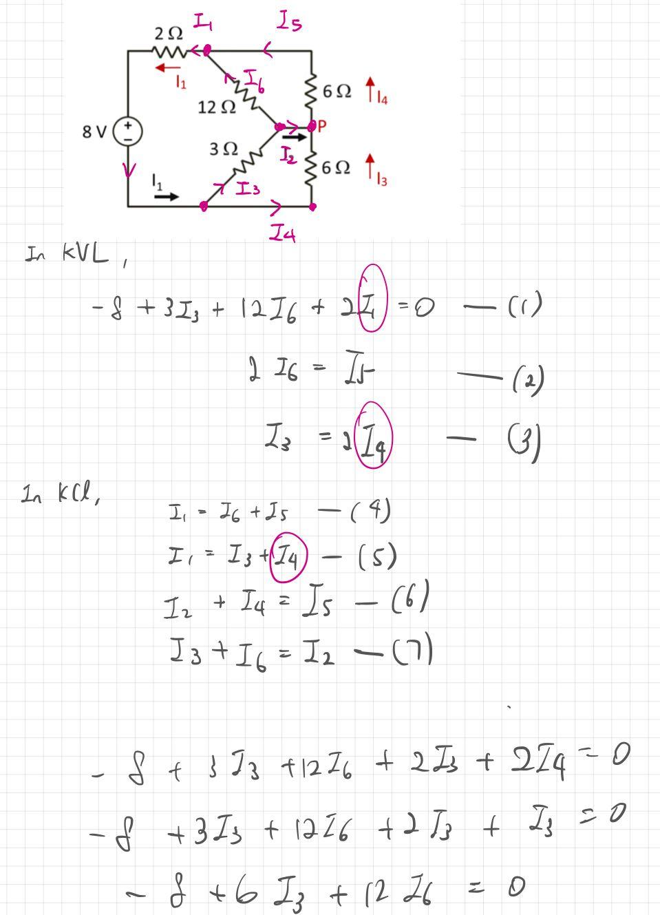 In KVL, −8+3I3+12I6+2I6=0−(1)2I6=I5−(2)I3=2I4−(3) In | Chegg.com