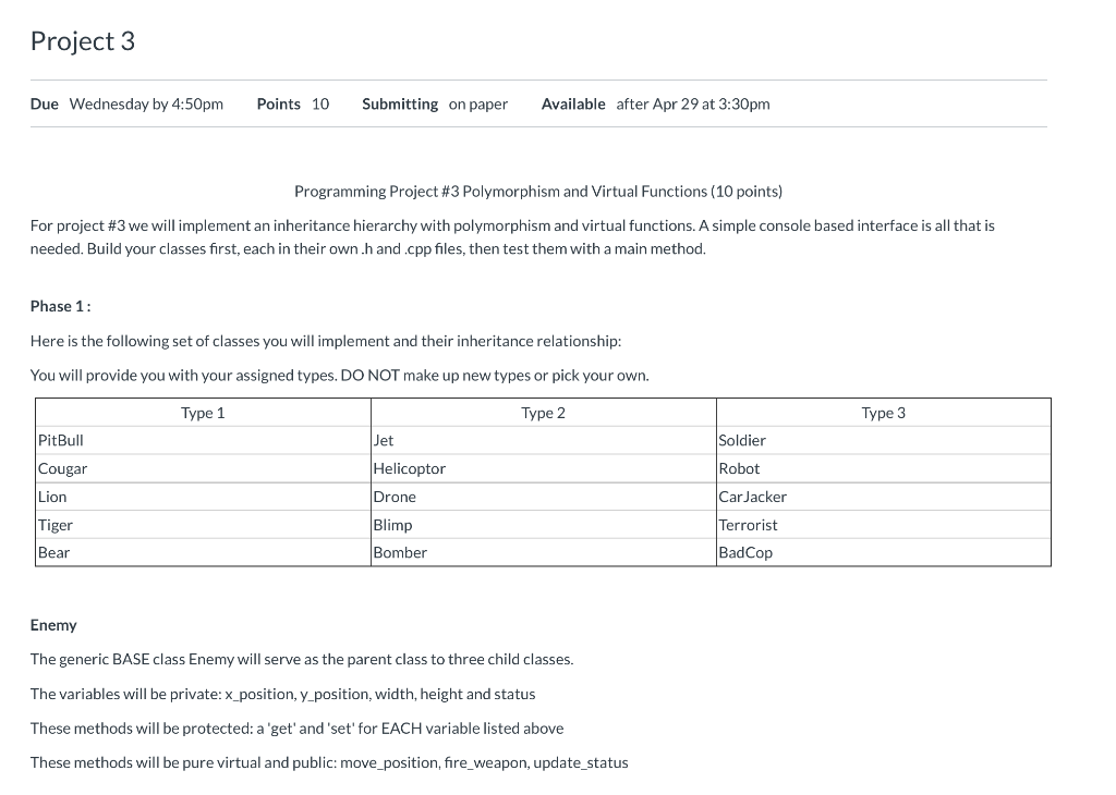 Project 3 Due Wednesday by 4:50pm Points 10 | Chegg.com