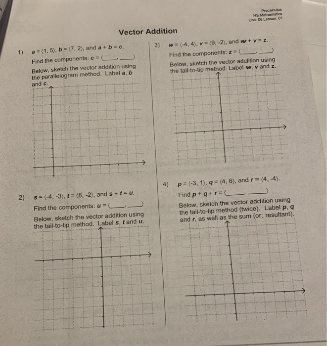 Solved Precalculus Unit: 08 Lesson: 01 Vector Addition 1) a | Chegg.com