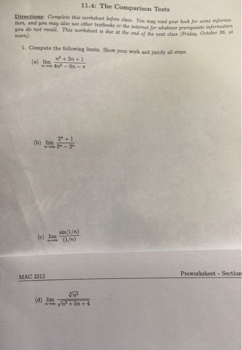 Solved 11.4: The Comparison Tests Directions: Complete this | Chegg.com