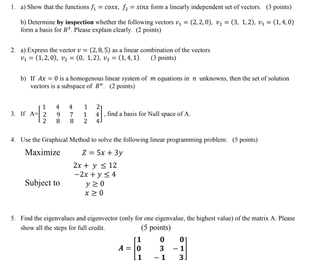 Solved 1. a) Show that the functions fı = cosx, f2 = sinx | Chegg.com