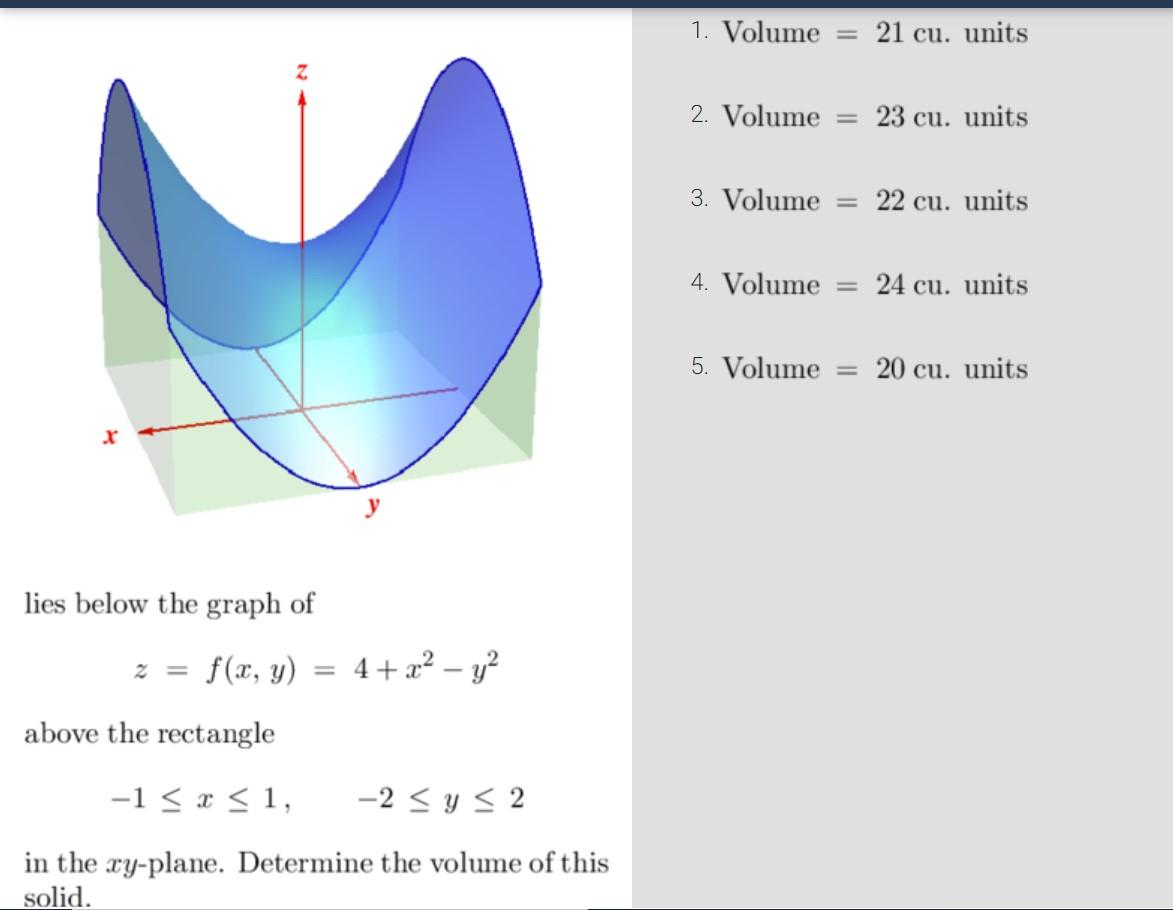 Solved 1. Volume 21 cu. units 2. Volume 23 cu. units 3. | Chegg.com