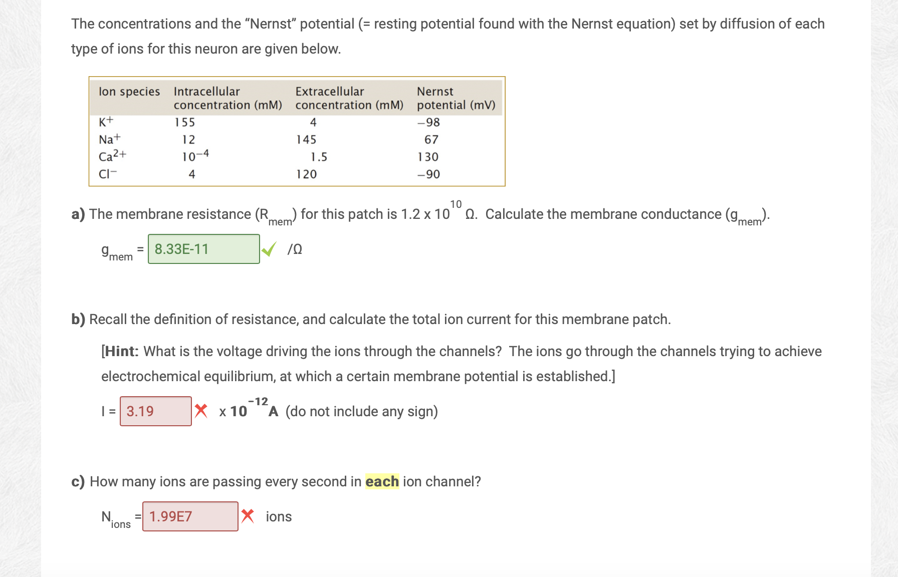 The concentrations and the "Nernst" potential (= | Chegg.com