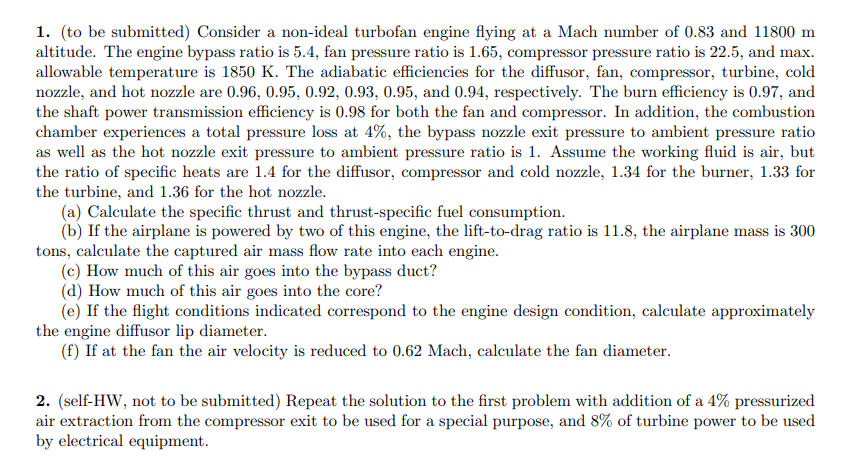 Solved 1. (to be submitted) Consider a non-ideal turbofan | Chegg.com