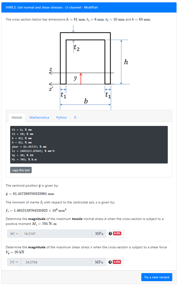 Solved HW8.3. Get normal and shear stresses - U-channel - | Chegg.com