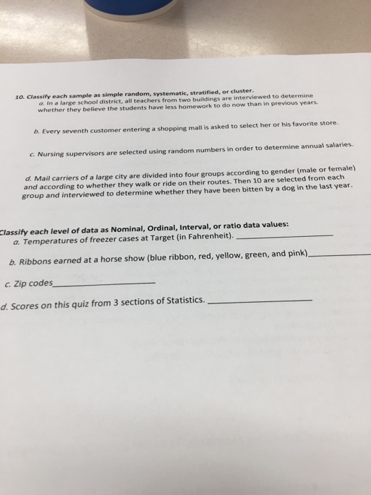 Solved Classify each sample as simple random, systematic, | Chegg.com