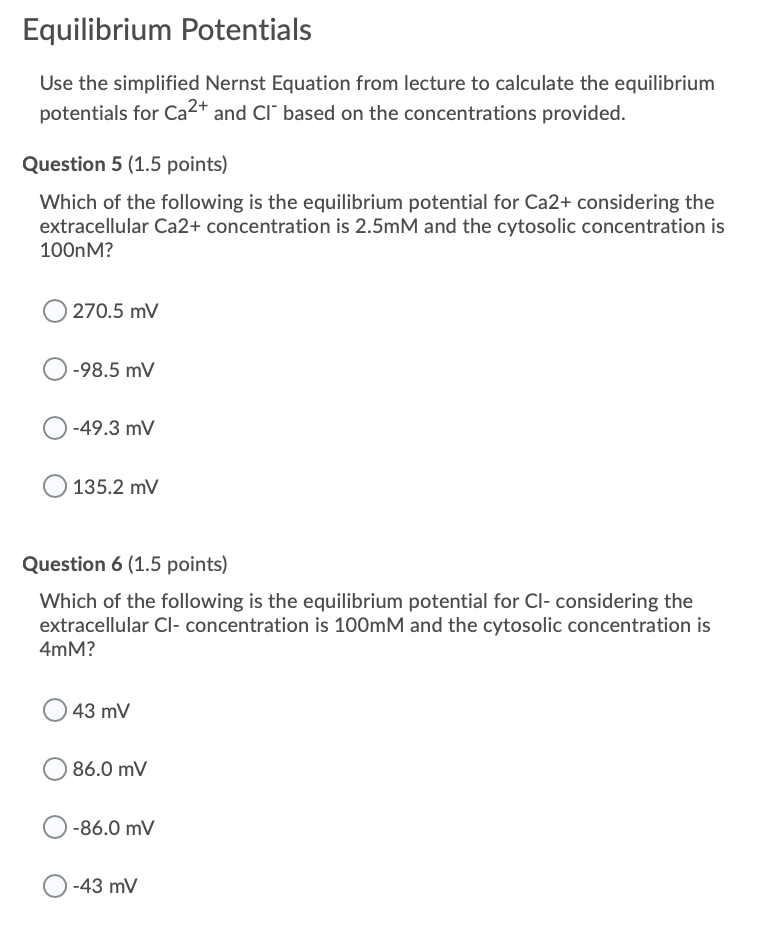 Solved Equilibrium Potentials Use the simplified Nernst | Chegg.com