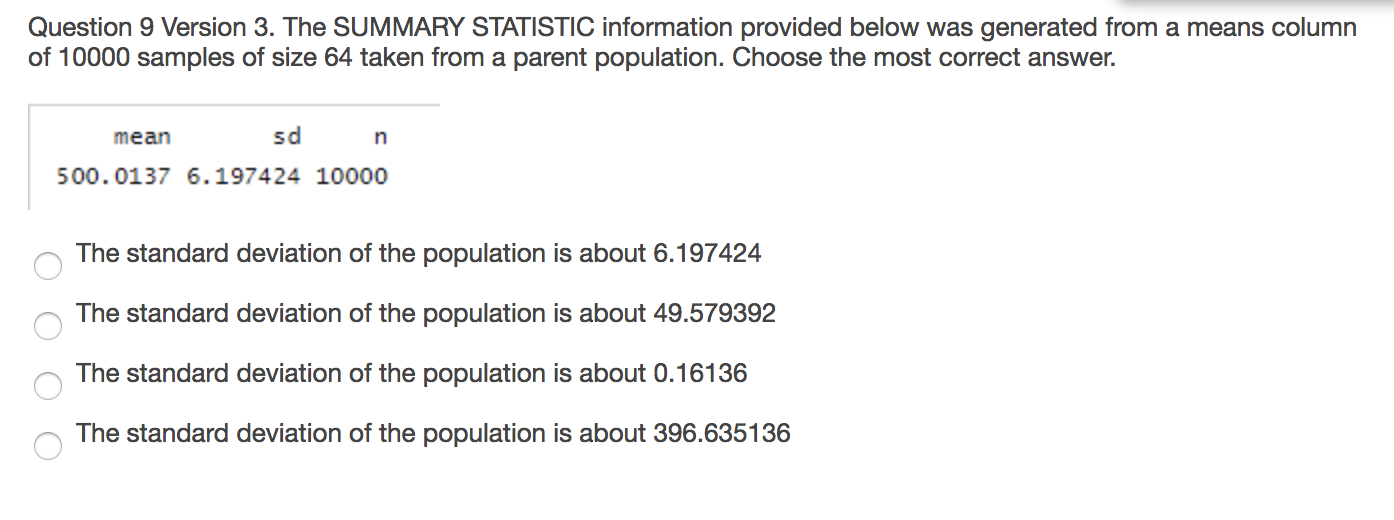 Solved Question 9 Version 3. The SUMMARY STATISTIC | Chegg.com