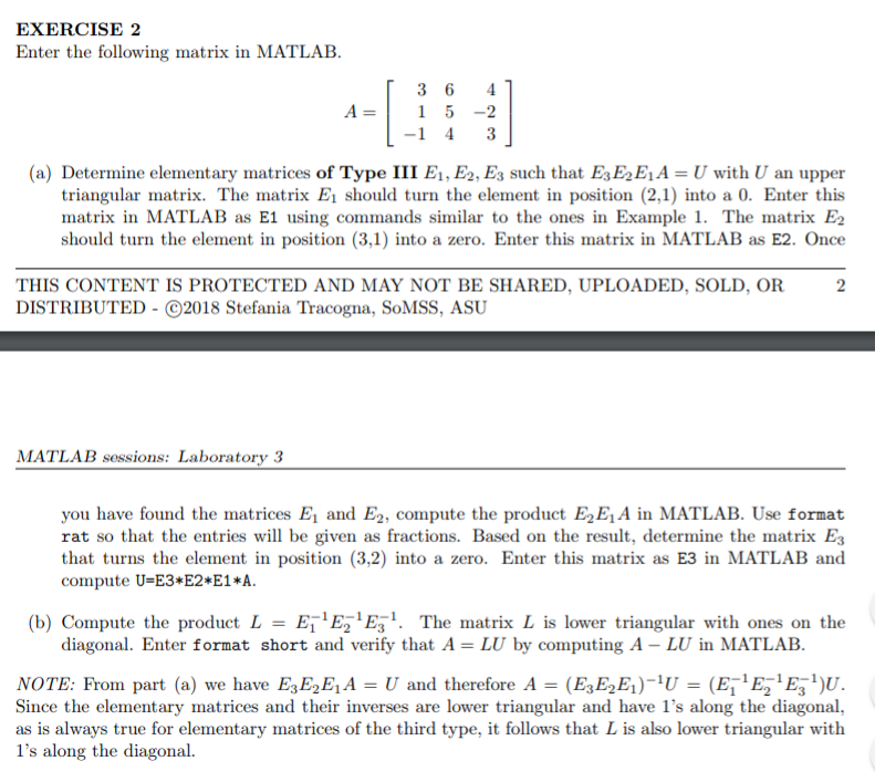 Solved EXERCISE 2 Enter the following matrix in MATLAE 3 6 4 | Chegg.com