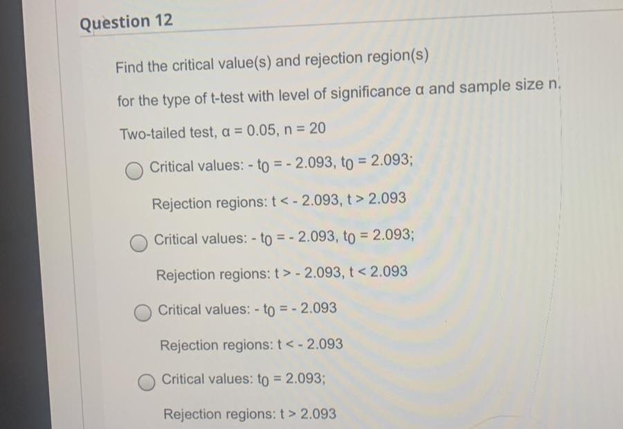 Solved Question 12 Find the critical value(s) and rejection | Chegg.com