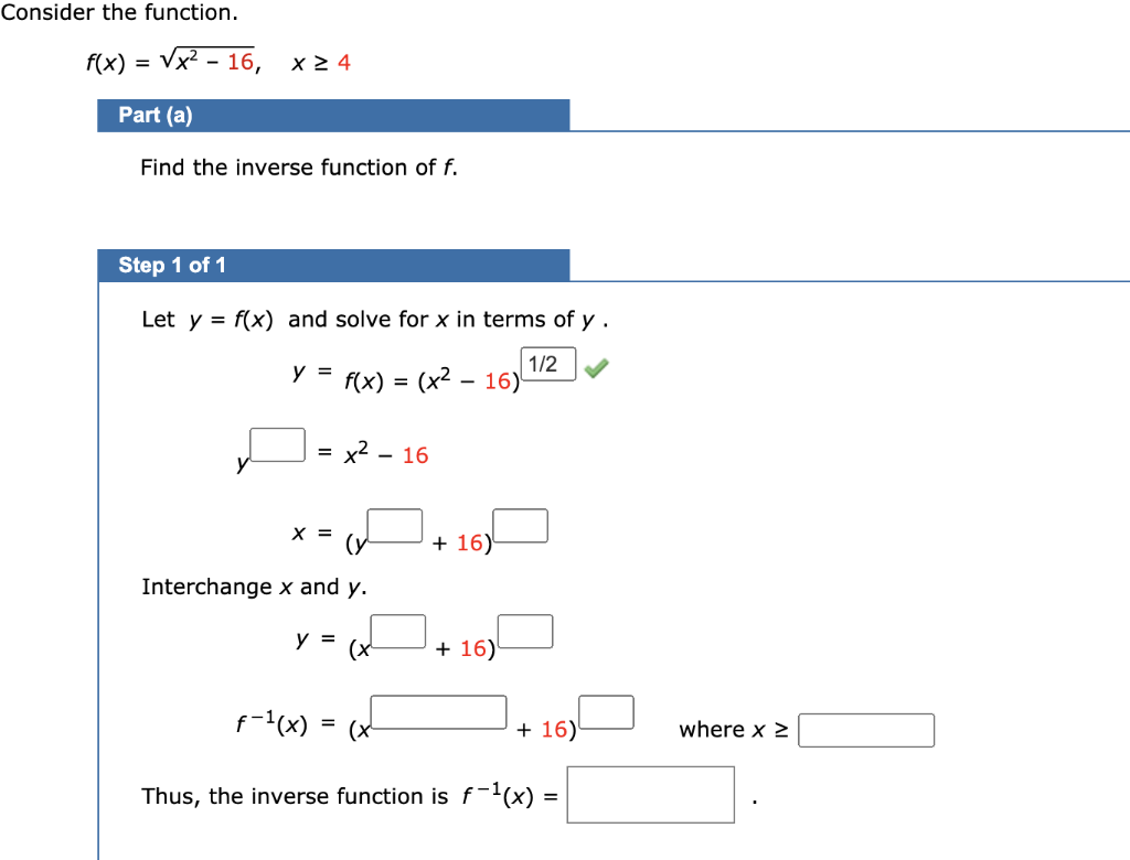 Solved Consider the function. f(x) = Vx? - 16, x 24 Part (a) | Chegg.com
