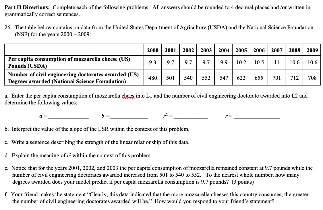 Solved Part II Directions: Complete each of the following | Chegg.com