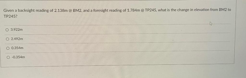 Solved Given a backsight reading of 2.138m @ BM2, and a | Chegg.com