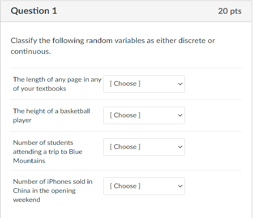 Solved Question 1 20 pts Classify the following random | Chegg.com