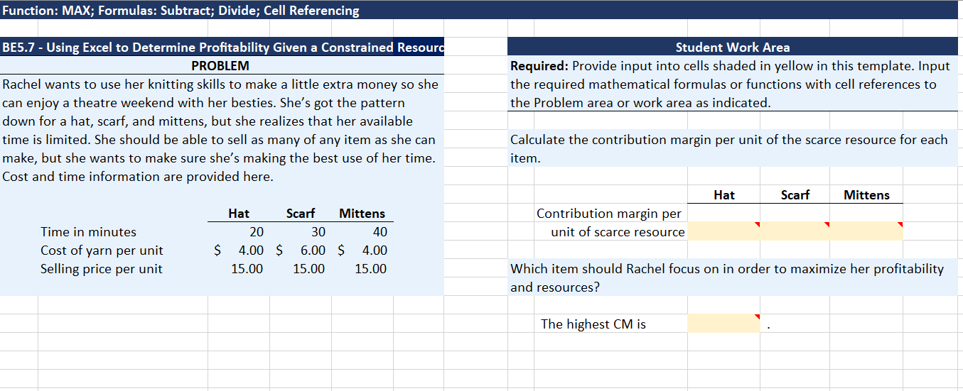 Solved Function: MAX; Formulas: Subtract; Divide; Cell | Chegg.com