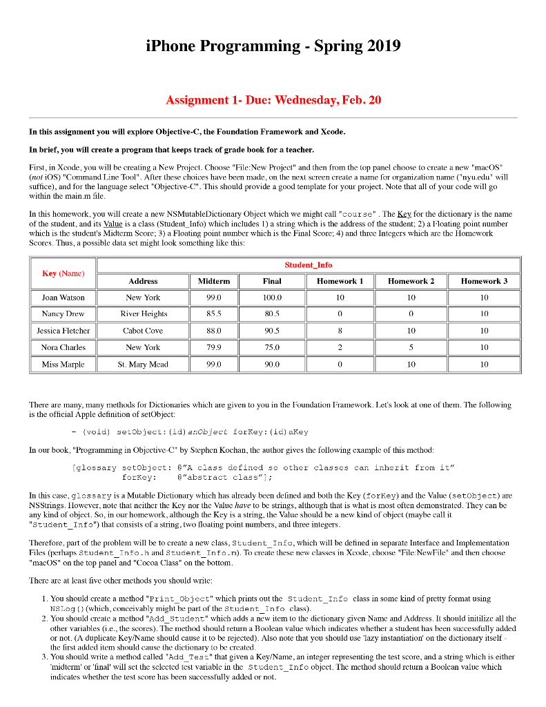 iPhone Programming - Spring 2019 Assignment 1- Due: | Chegg.com