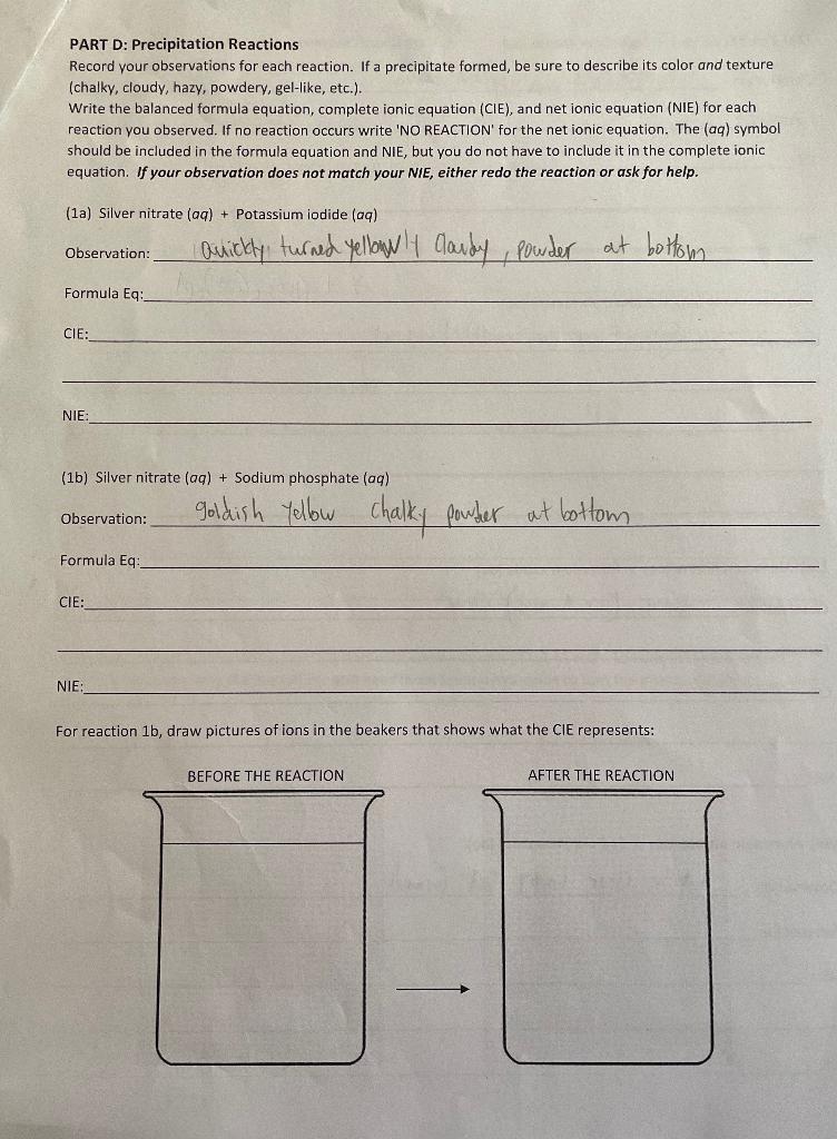 Solved PART D: Precipitation Reactions Record your | Chegg.com