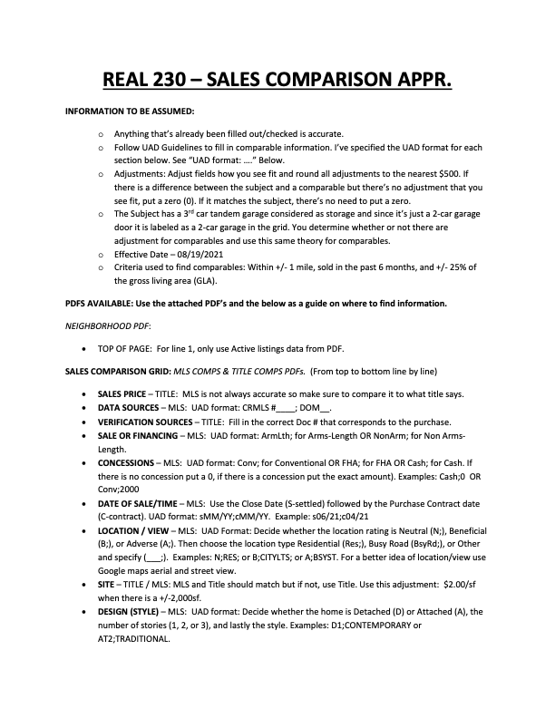 REAL 230_Sales Comparison Approach: Actions There are | Chegg.com