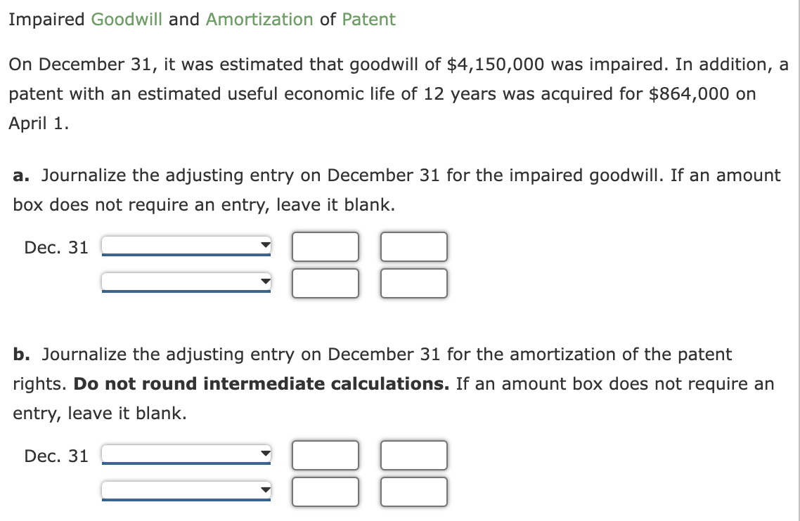 Solved Impaired Goodwill and Amortization of Patent On | Chegg.com
