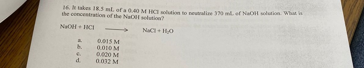 Solved 16. It takes 18.5 mL of a 0.40MHCl solution to | Chegg.com