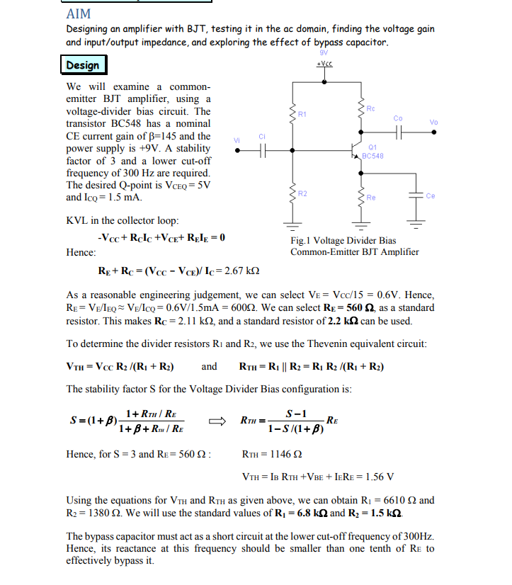 Solved AIM Designing an amplifier with BJT, testing it in | Chegg.com