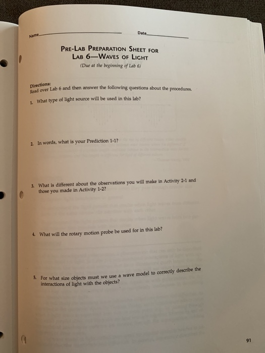 Date Nan PRE-LAB PREPARATION SHEET FOR LAB 6-WAVES OF | Chegg.com