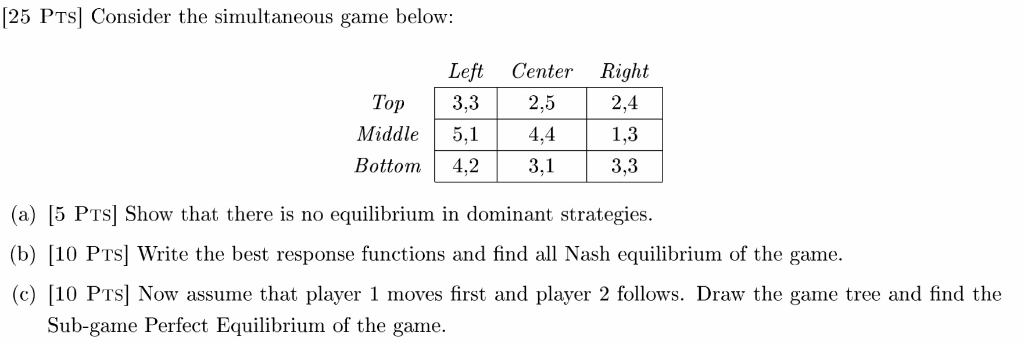 Solved 25 Pts Consider the simultaneous game below: Top | Chegg.com