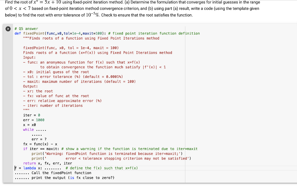 Find the root of x* = 5x + 10 using fixed-point | Chegg.com