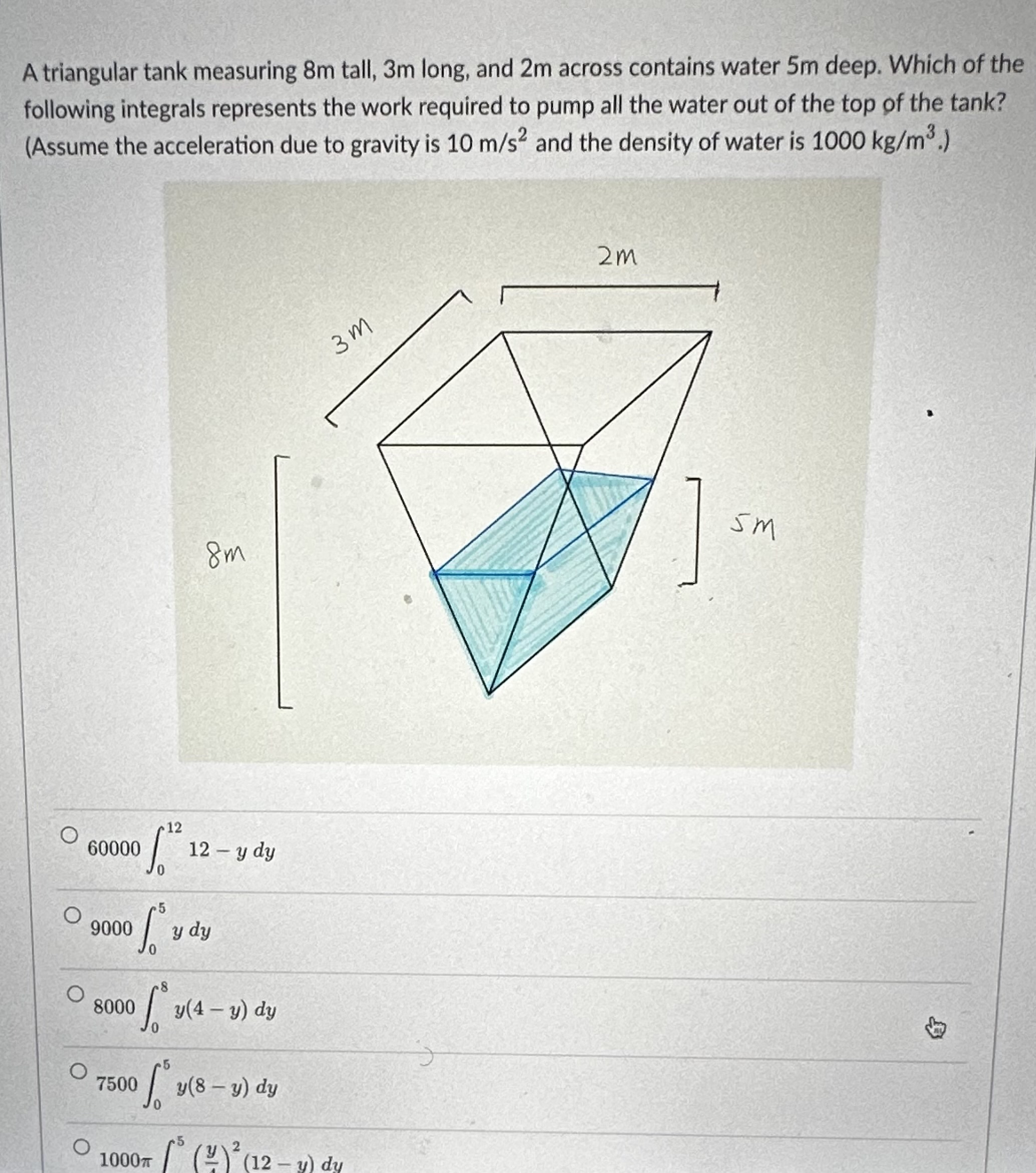 Solved A triangular tank measuring 8 m tall, 3 m long, and 2 | Chegg.com