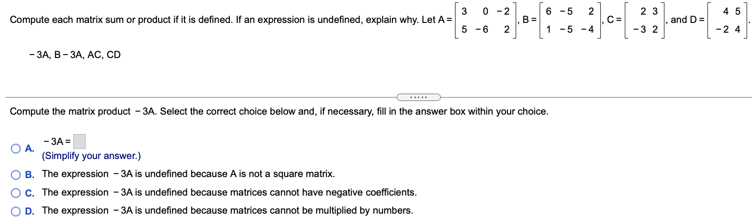 Solved 3 0-2 6 - 5 2 2 3 4 5 Compute each matrix sum or | Chegg.com