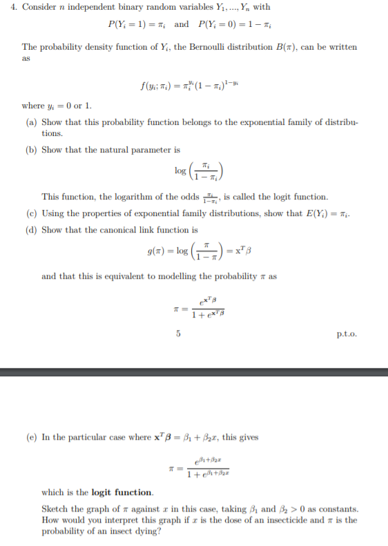 Solved 4. Consider n independent binary random variables Y1, | Chegg.com