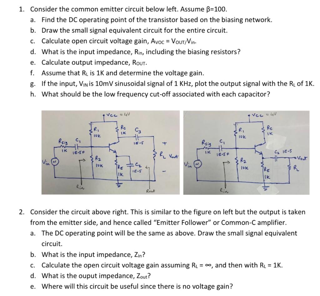 Solved 1. Consider the common emitter circuit below left. | Chegg.com