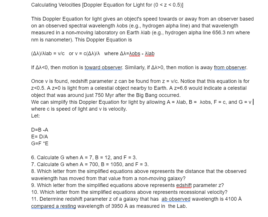 Solved Calculating Velocities [Doppler Equation for Light | Chegg.com