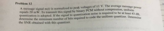 Solved Problem 12 A message signal m() is normalized to peak | Chegg.com