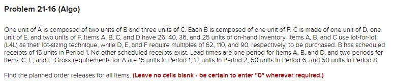 Solved Problem 21-16 (Algo) One unit of A is composed of two | Chegg.com