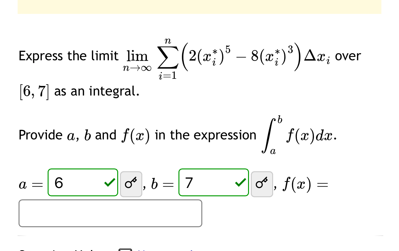 Solved Express the limit limn→∞∑i=1n(2(xi**)5-8(xi**)3)Δxi | Chegg.com