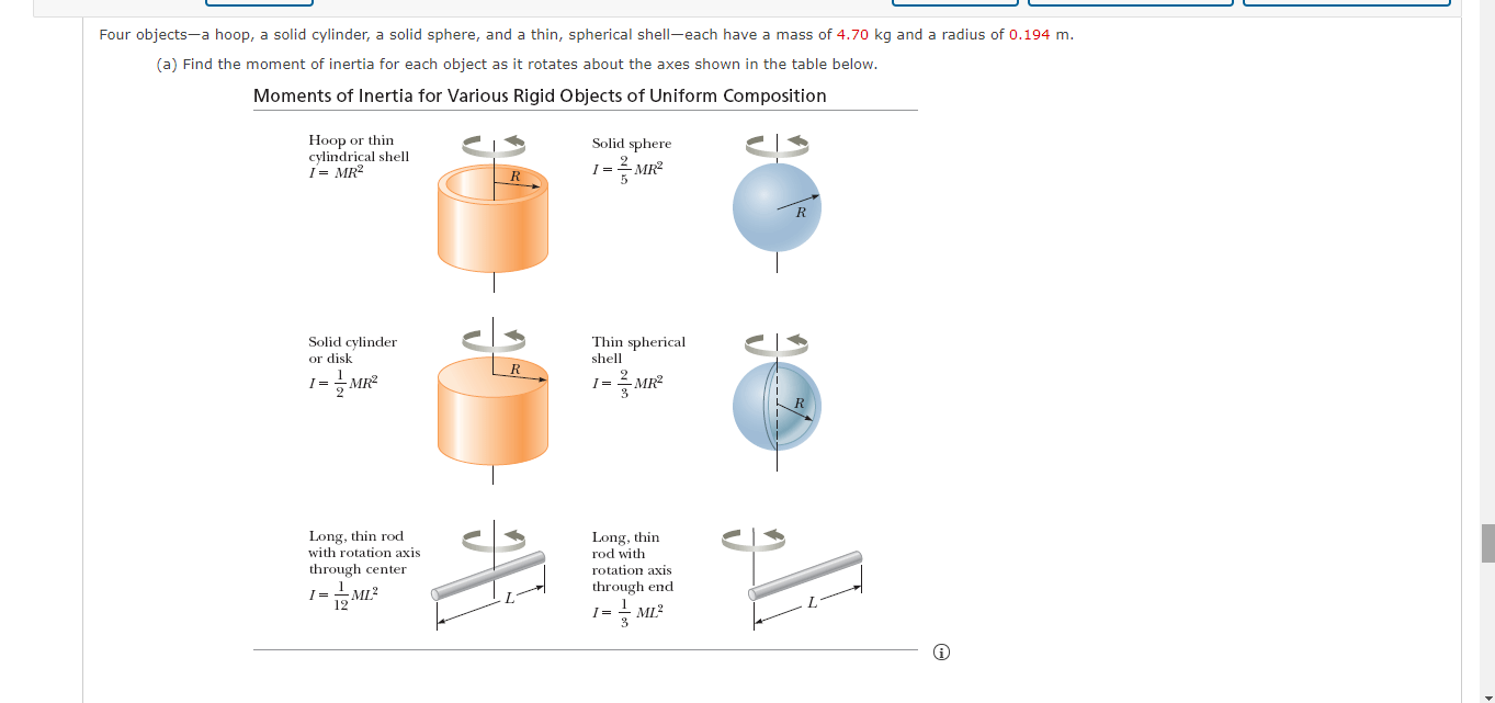 Solved Four objects-a hoop, a solid cylinder, a solid | Chegg.com