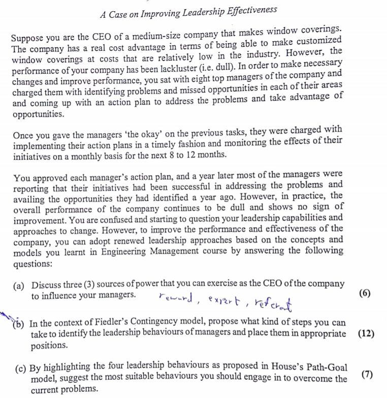 Solved A Case on Improving Leadership Effectiveness Suppose | Chegg.com