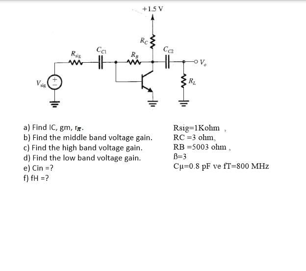 Solved +1.5 V Rc } Cai Cc Rais RX HE w RL sig a) Find IC, | Chegg.com