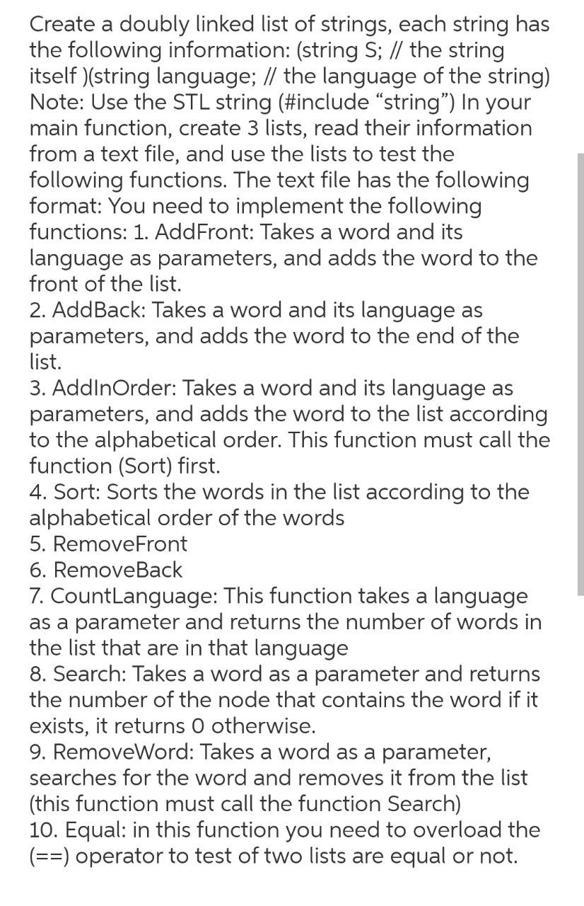Create a doubly linked list of strings, each string | Chegg.com