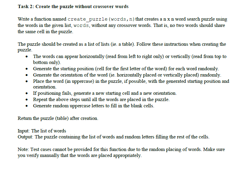Solved Task 2: Create the puzzle without crossover words | Chegg.com